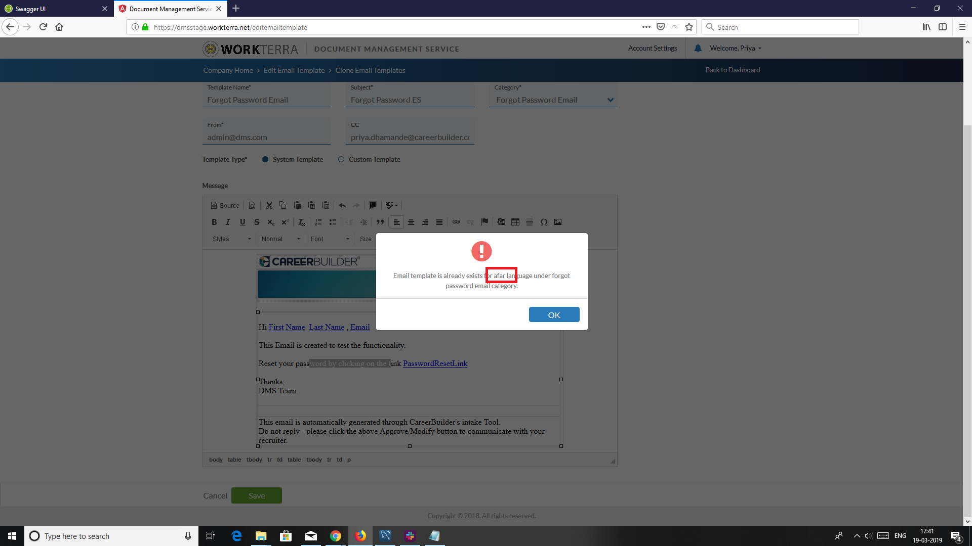 [DMS-971] DMS | Incorrect text in popup message - Workterra Jira